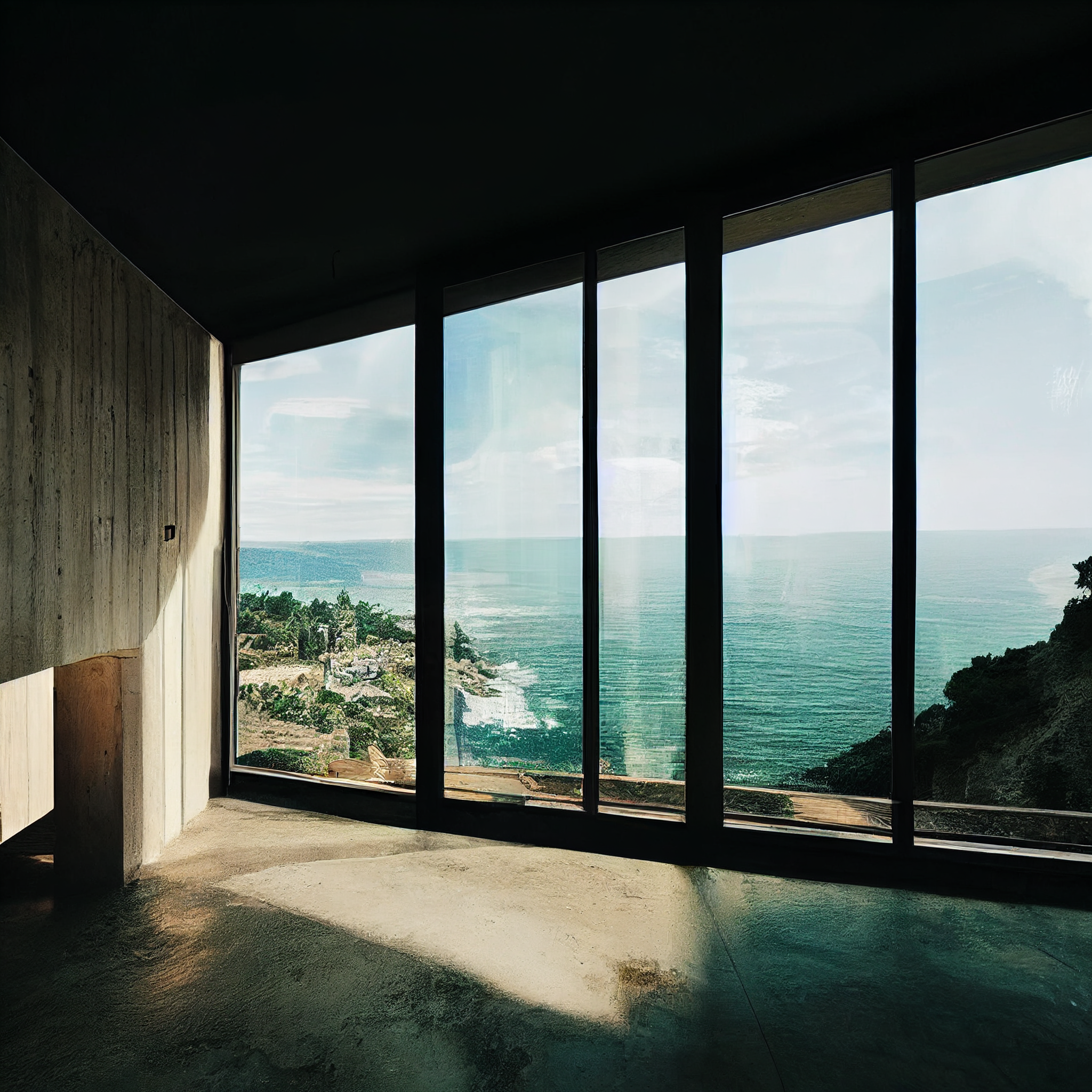 Beautiful photograph of a house on a cliff, glass doors, intrica ...